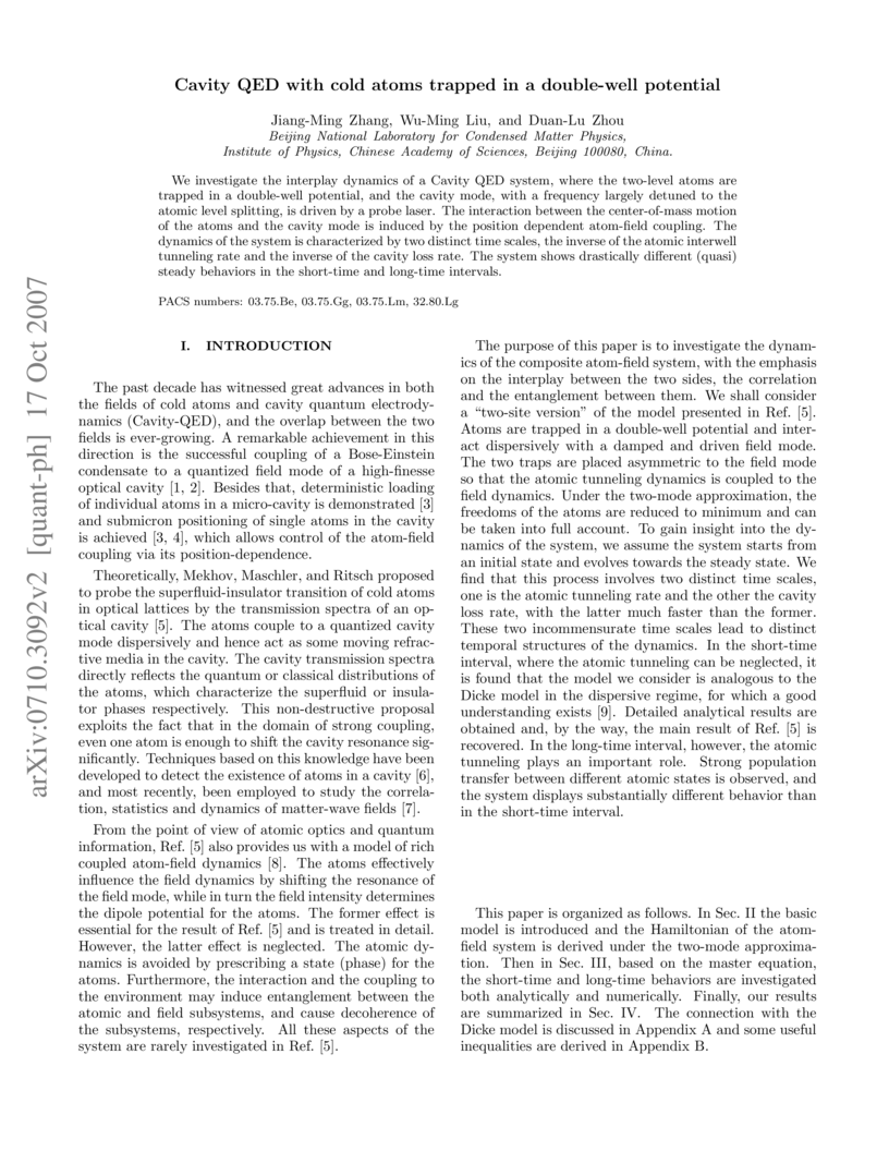 Cavity-QED with cold atoms trapped in a double-well potential | alphaXiv