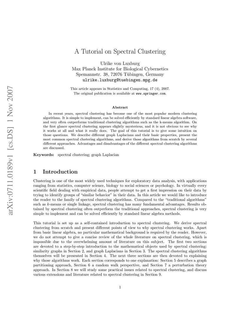 A Tutorial on Spectral Clustering | alphaXiv