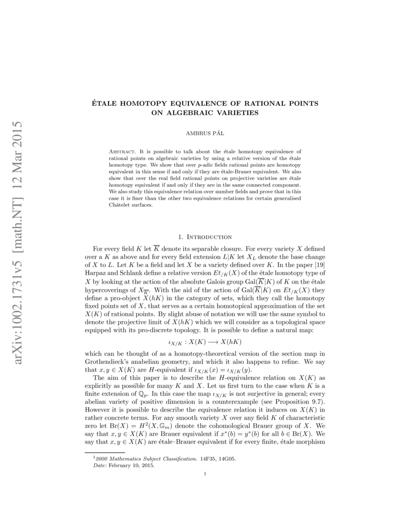 Étale homotopy equivalence of rational points on algebraic varieties ...