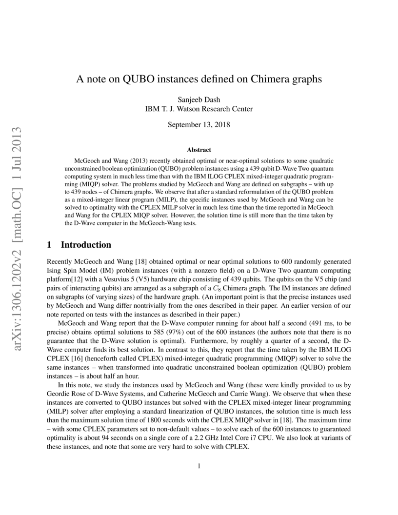 A note on QUBO instances defined on Chimera graphs | alphaXiv