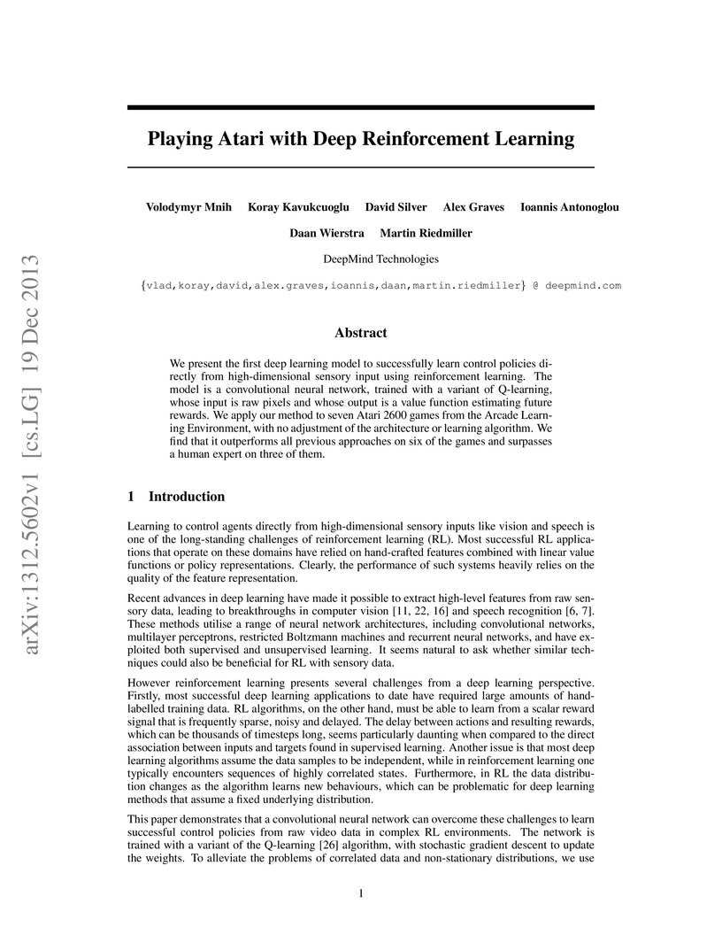 Playing Atari with Deep Reinforcement Learning | alphaXiv