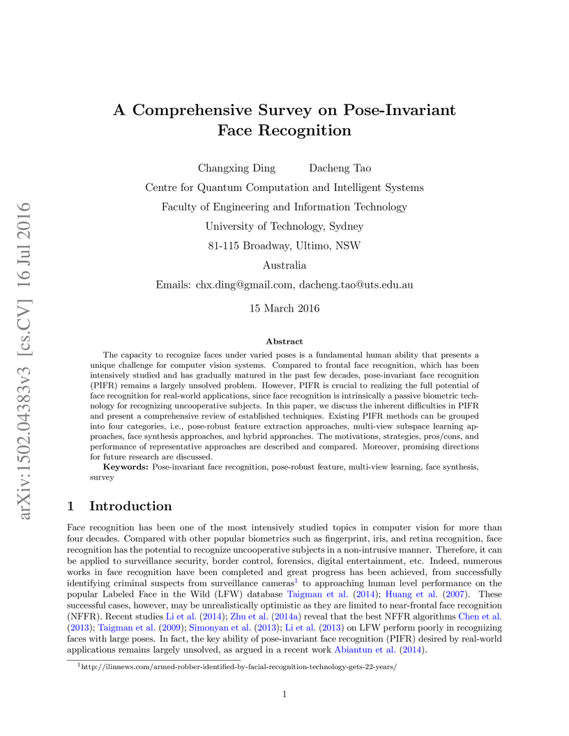A Comprehensive Survey on Pose-Invariant Face Recognition | alphaXiv