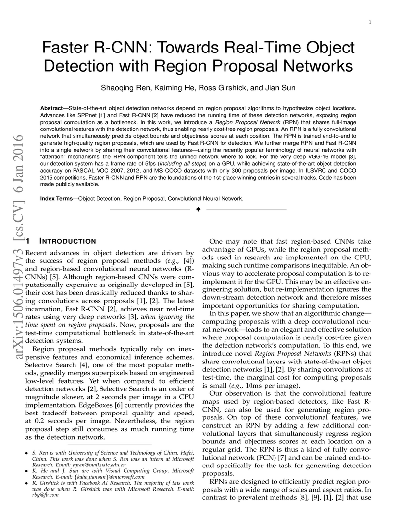 Faster R-CNN: Towards Real-Time Object Detection with Region Proposal Networks | alphaXiv