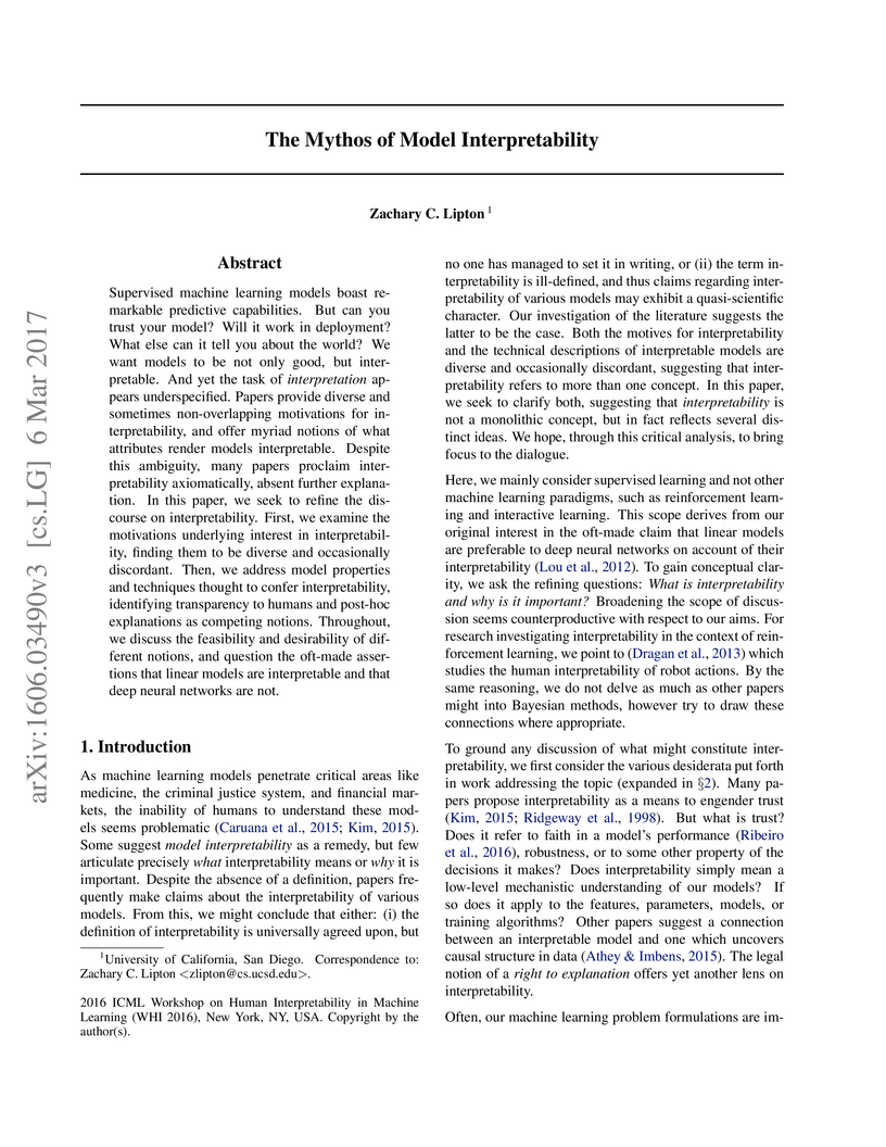 The Mythos of Model Interpretability | alphaXiv