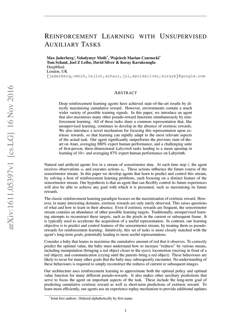Reinforcement Learning with Unsupervised Auxiliary Tasks | alphaXiv