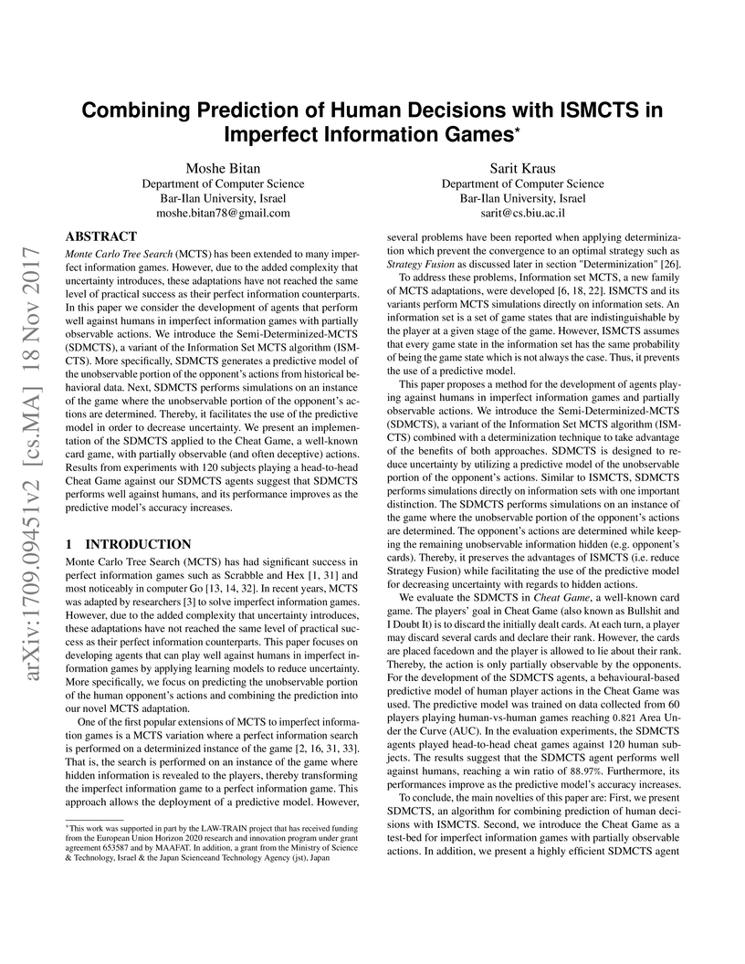 Combining Prediction of Human Decisions with ISMCTS in Imperfect Information Games | alphaXiv