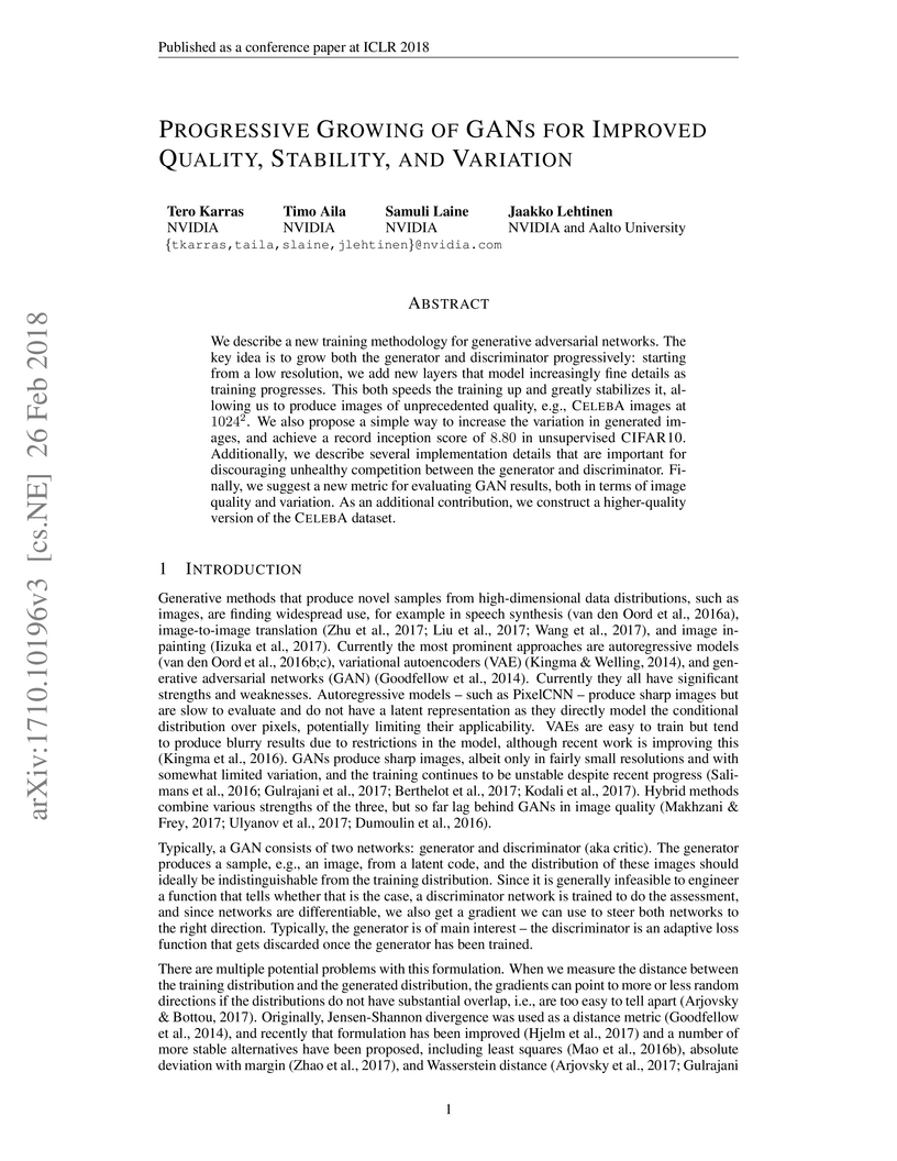 Progressive Growing of GANs for Improved Quality, Stability, and Variation | alphaXiv