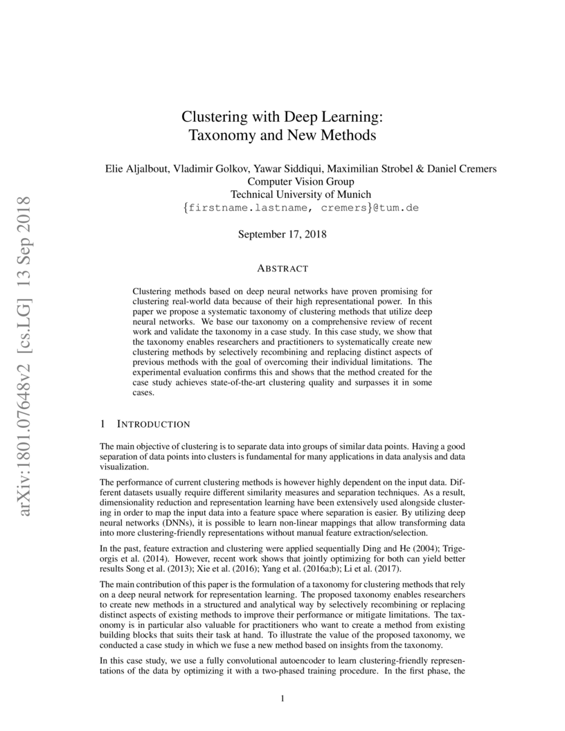 Clustering with Deep Learning: Taxonomy and New Methods | alphaXiv