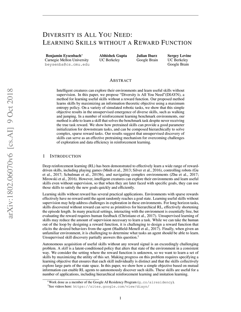 Diversity is All You Need: Learning Skills without a Reward Function | alphaXiv