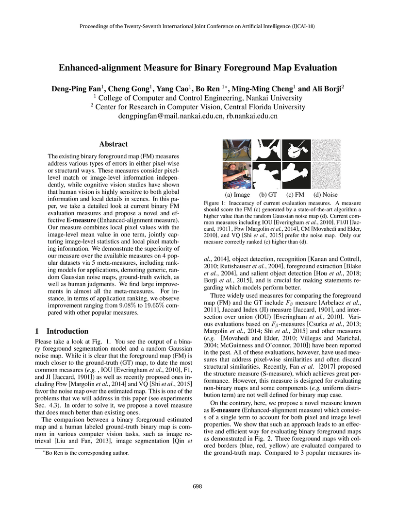 Enhanced-alignment Measure for Binary Foreground Map Evaluation | alphaXiv