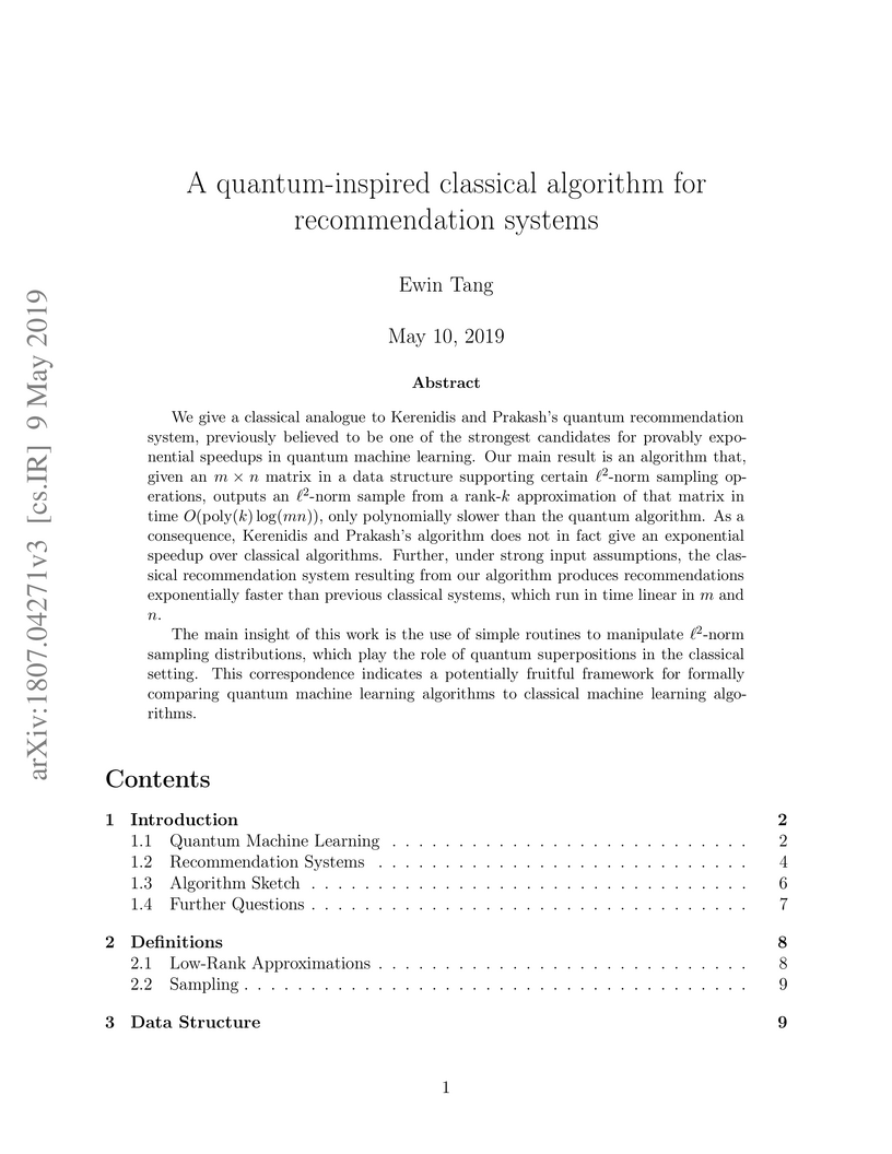 A quantum-inspired classical algorithm for recommendation systems | alphaXiv