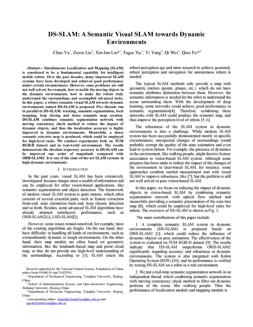 DS-SLAM: A Semantic Visual SLAM towards Dynamic Environments | alphaXiv