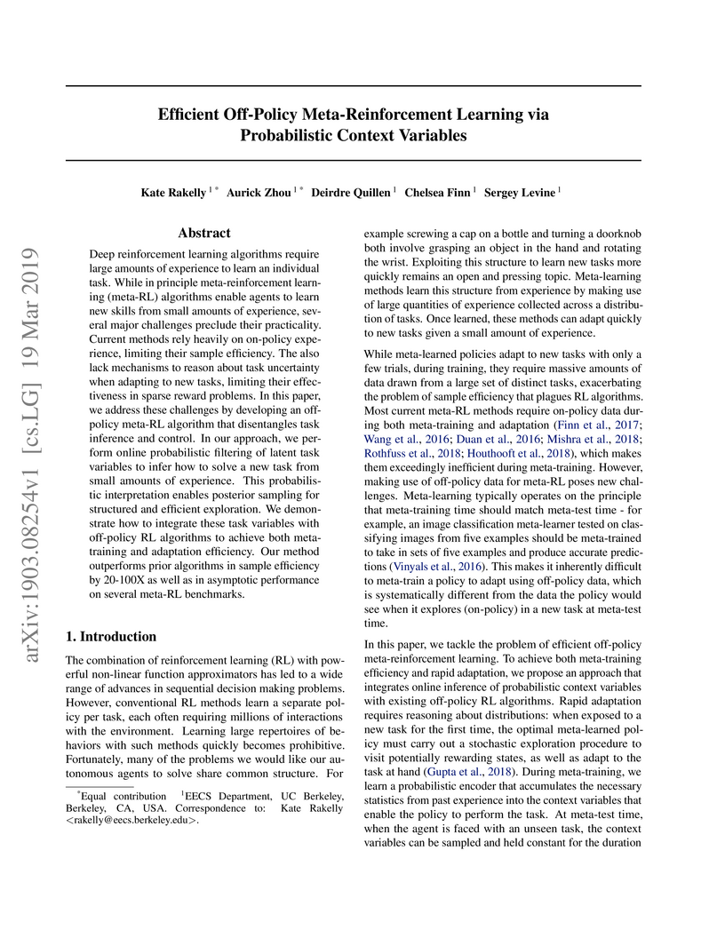 Efficient Off-Policy Meta-Reinforcement Learning via Probabilistic Context Variables | alphaXiv