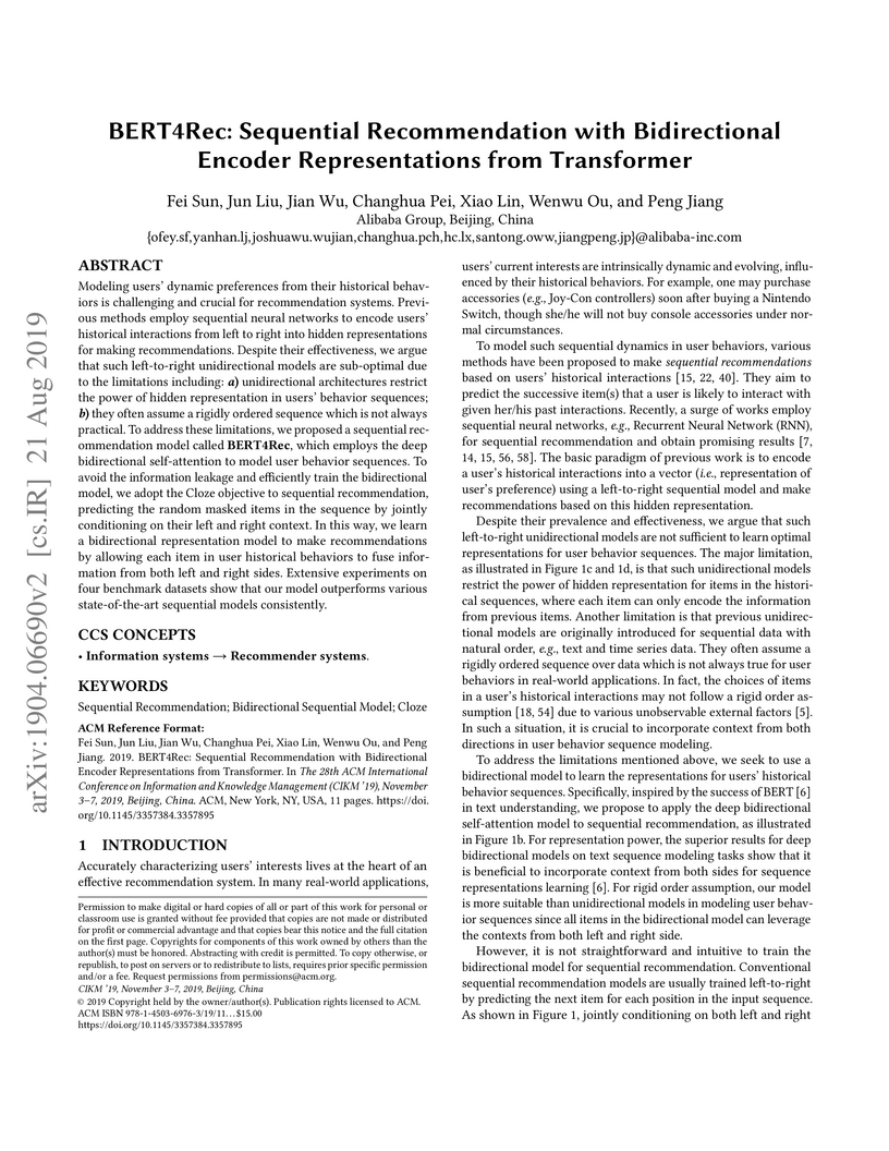 BERT4Rec: Sequential Recommendation with Bidirectional Encoder Representations from Transformer ...