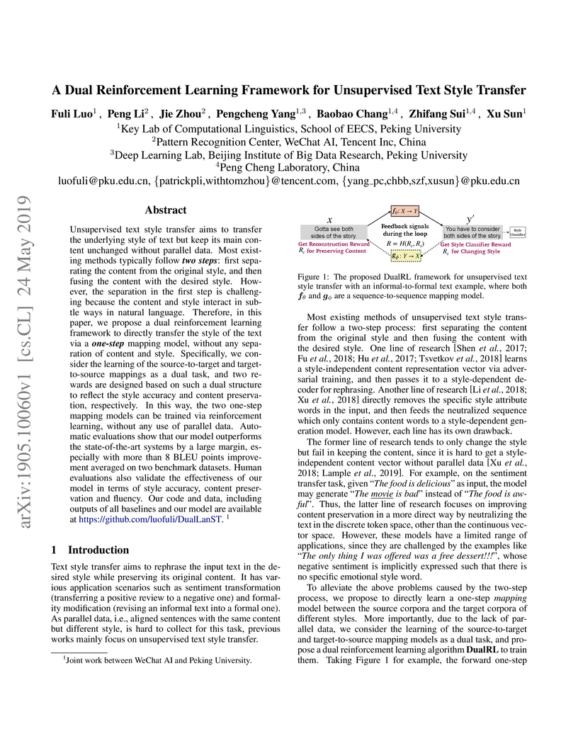 A Dual Reinforcement Learning Framework for Unsupervised Text Style Transfer | alphaXiv