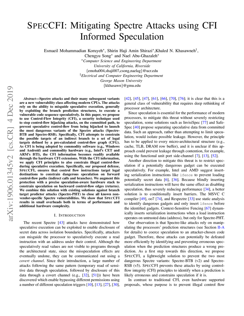 SPECCFI: Mitigating Spectre Attacks using CFI Informed Speculation | alphaXiv