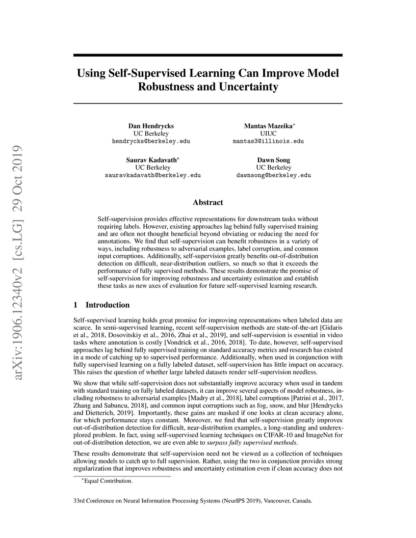 Using Self-Supervised Learning Can Improve Model Robustness and Uncertainty | alphaXiv