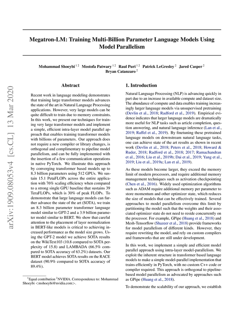 Megatron-LM: Training Multi-Billion Parameter Language Models Using Model Parallelism | alphaXiv
