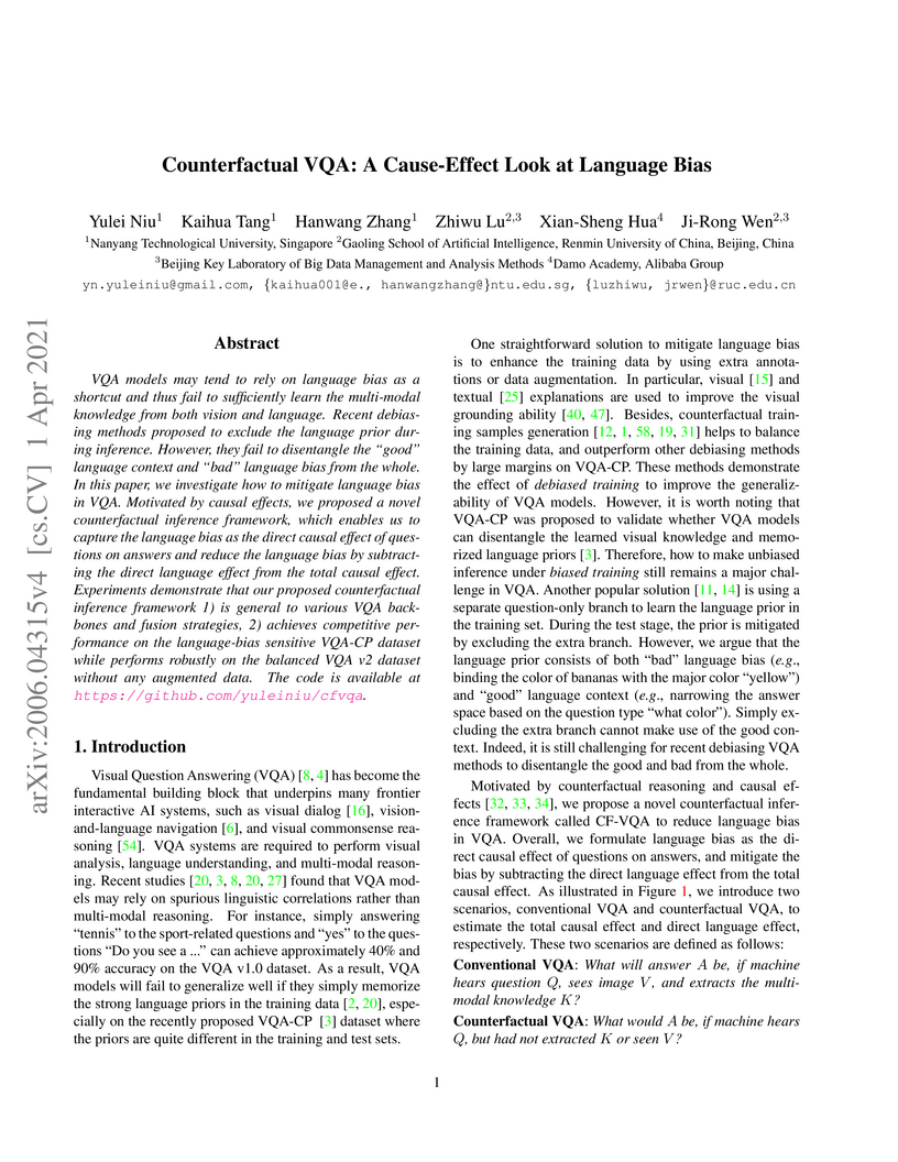 Counterfactual VQA: A Cause-Effect Look at Language Bias | alphaXiv