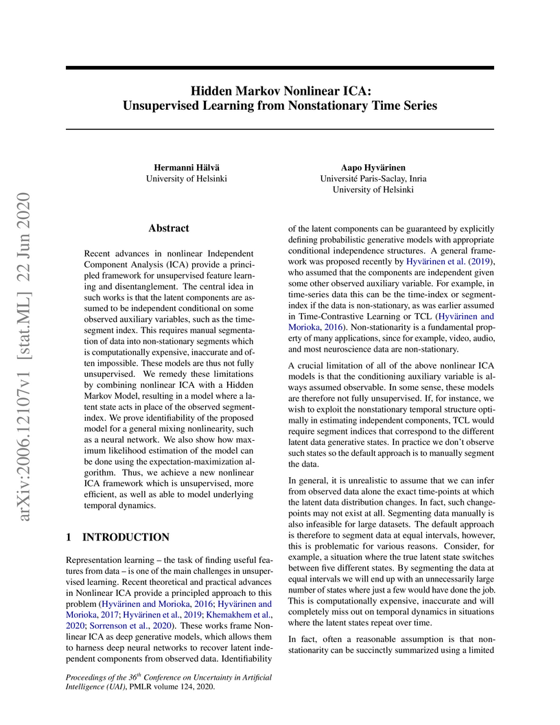 Hidden Markov Nonlinear ICA: Unsupervised Learning from Nonstationary Time Series | alphaXiv