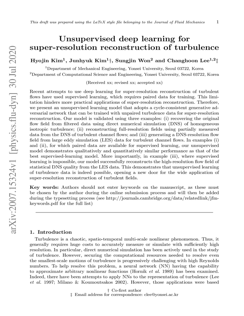 Unsupervised deep learning for super-resolution reconstruction of turbulence | alphaXiv