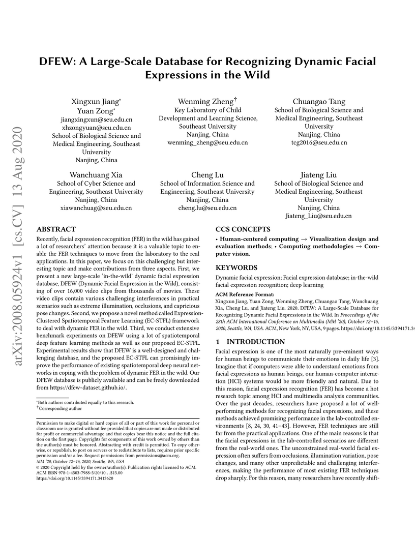 DFEW: A Large-Scale Database for Recognizing Dynamic Facial Expressions ...