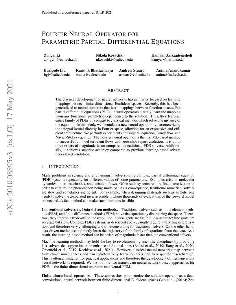 Fourier Neural Operator for Parametric Partial Differential Equations | alphaXiv