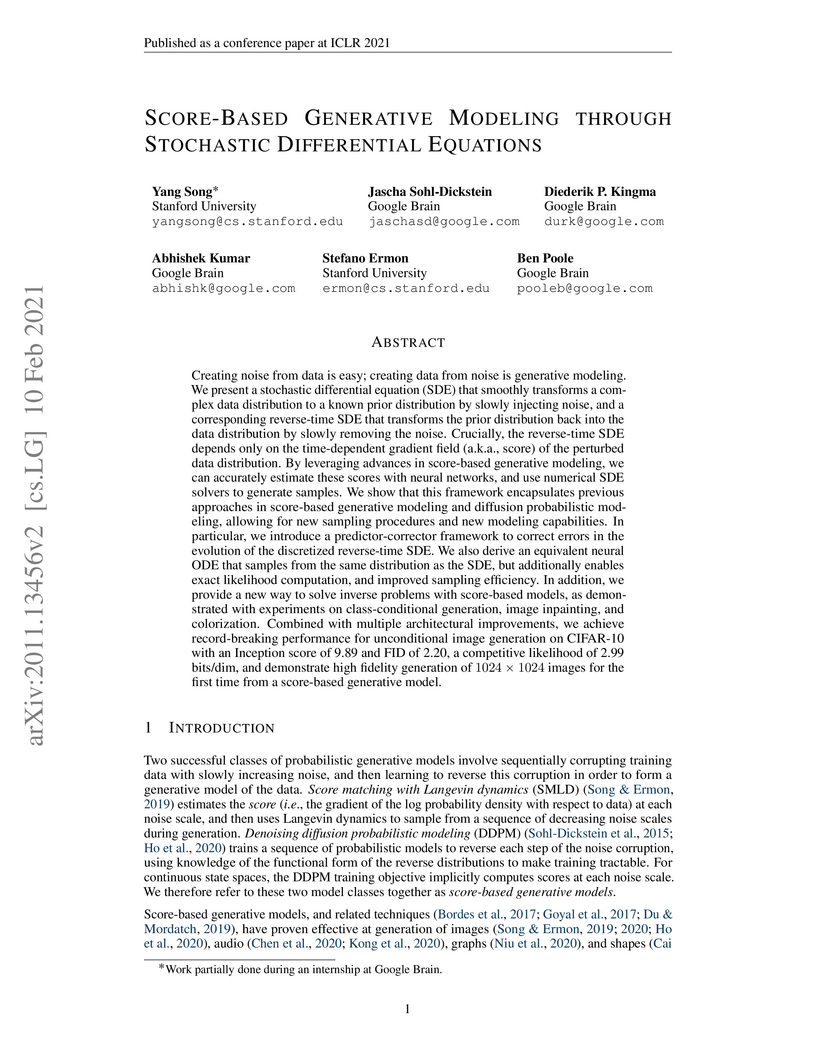 Score-Based Generative Modeling through Stochastic Differential Equations | alphaXiv