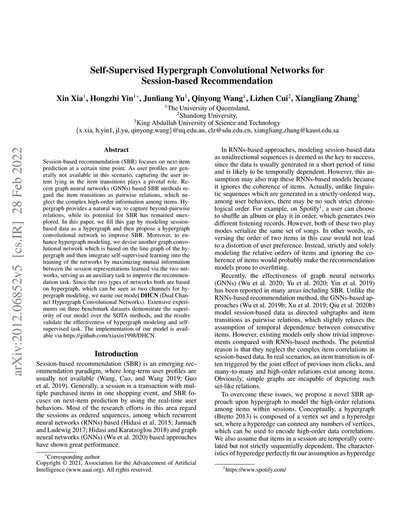 Self-Supervised Hypergraph Convolutional Networks for Session-based Recommendation | alphaXiv