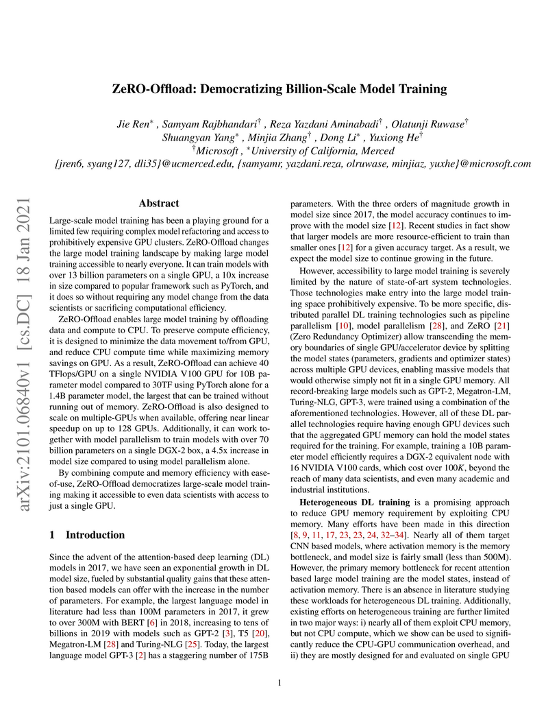 ZeRO-Offload: Democratizing Billion-Scale Model Training | alphaXiv