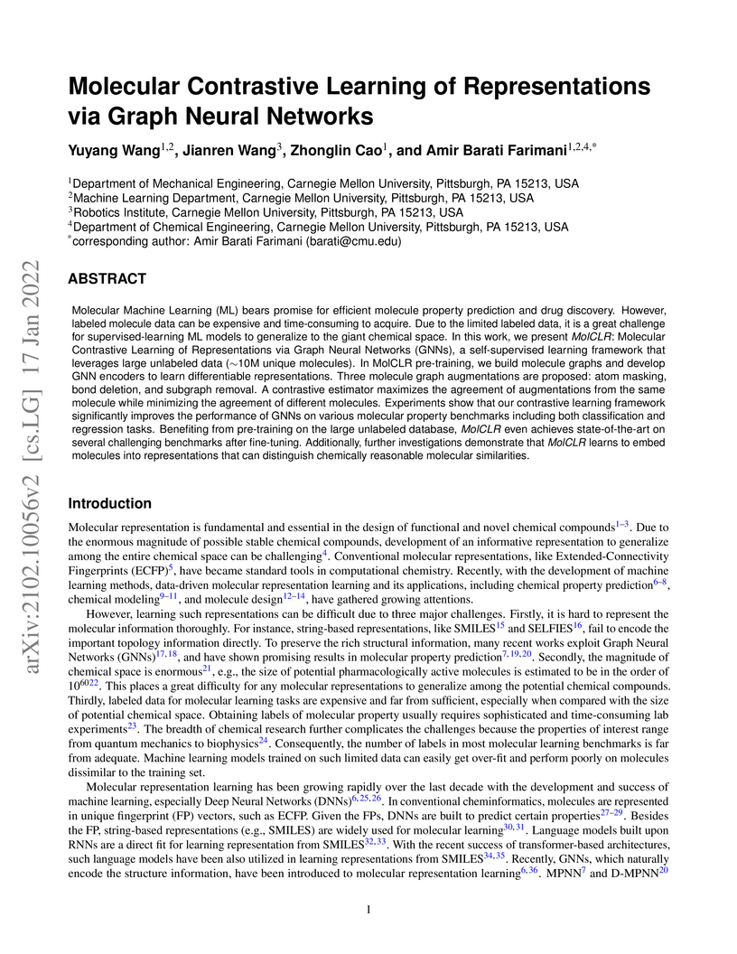 Molecular Contrastive Learning of Representations via Graph Neural Networks | alphaXiv