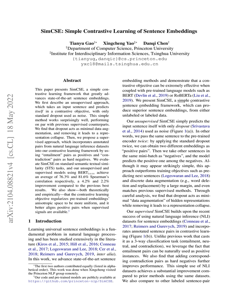 SimCSE: Simple Contrastive Learning of Sentence Embeddings | alphaXiv