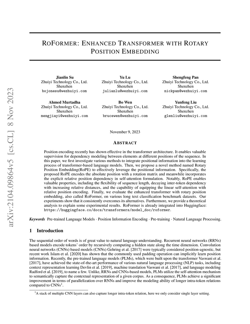 RoFormer: Enhanced Transformer with Rotary Position Embedding | alphaXiv