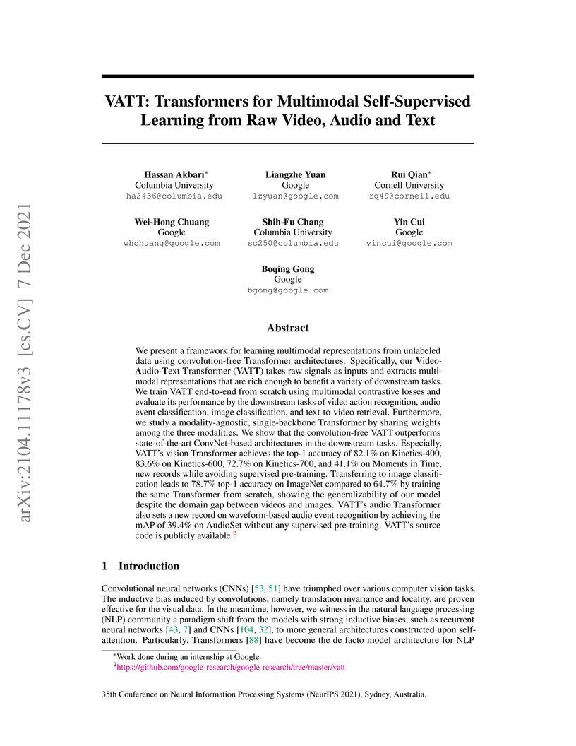 VATT: Transformers for Multimodal Self-Supervised Learning from Raw Video, Audio and Text | alphaXiv
