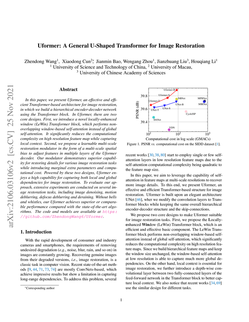 Uformer: A General U-Shaped Transformer for Image Restoration | alphaXiv