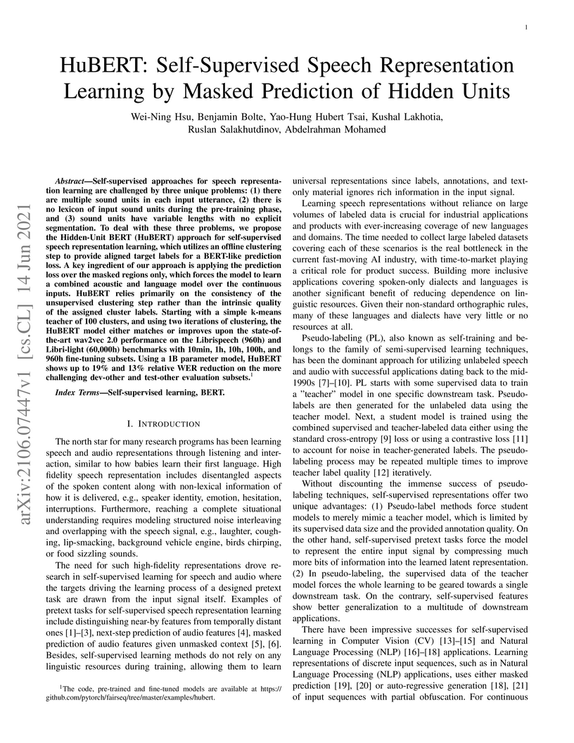 HuBERT: Self-Supervised Speech Representation Learning by Masked Prediction of Hidden Units ...