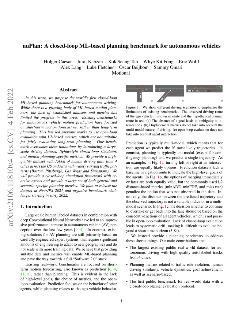 NuPlan: A closed-loop ML-based planning benchmark for autonomous vehicles | alphaXiv