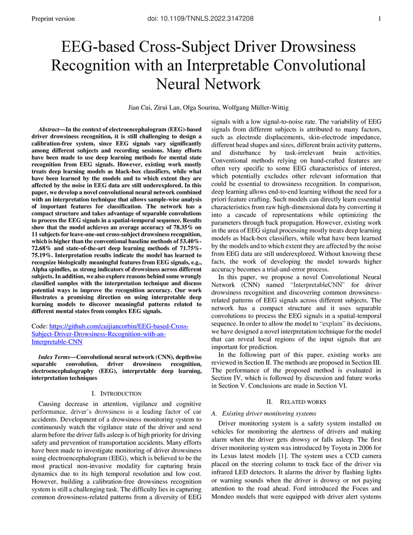 EEG-based Cross-Subject Driver Drowsiness Recognition with an Interpretable Convolutional Neural ...