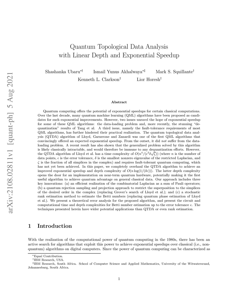 Quantum Topological Data Analysis with Linear Depth and Exponential Speedup | alphaXiv
