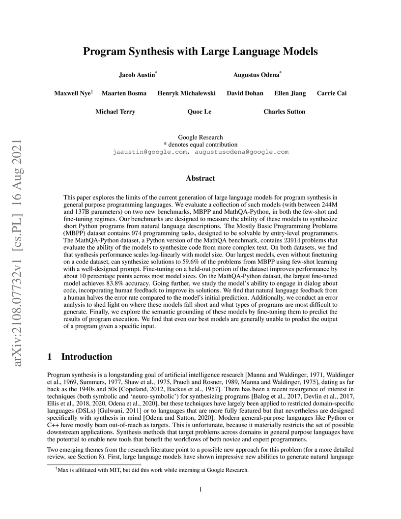 Program Synthesis with Large Language Models | alphaXiv
