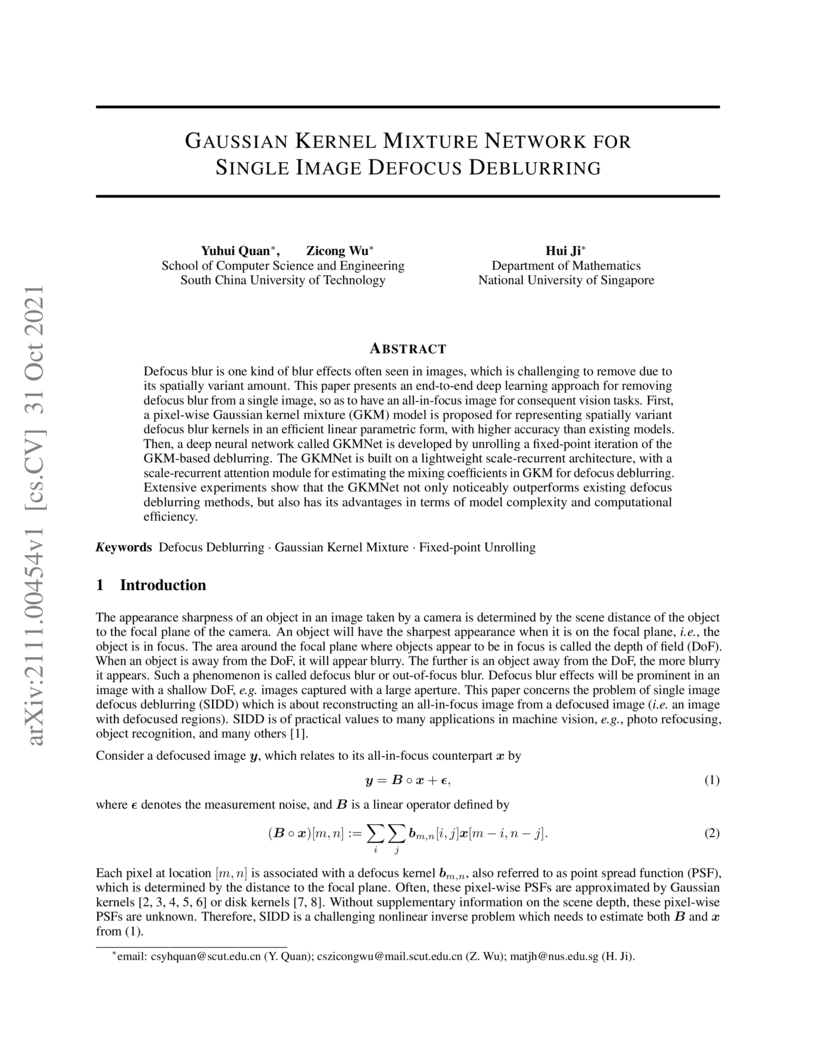 Gaussian Kernel Mixture Network for Single Image Defocus Deblurring | alphaXiv