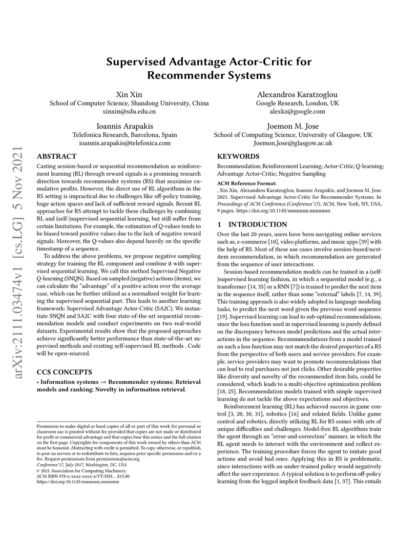 Supervised Advantage Actor-Critic for Recommender Systems | alphaXiv