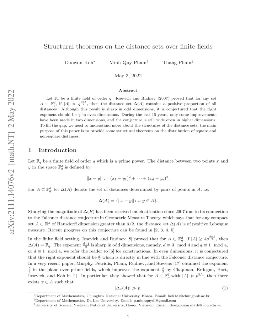 Structural theorems on the distance sets over finite fields | alphaXiv