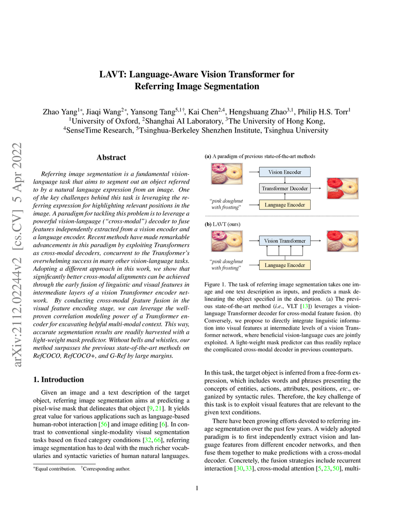 LAVT: Language-Aware Vision Transformer for Referring Image Segmentation | alphaXiv