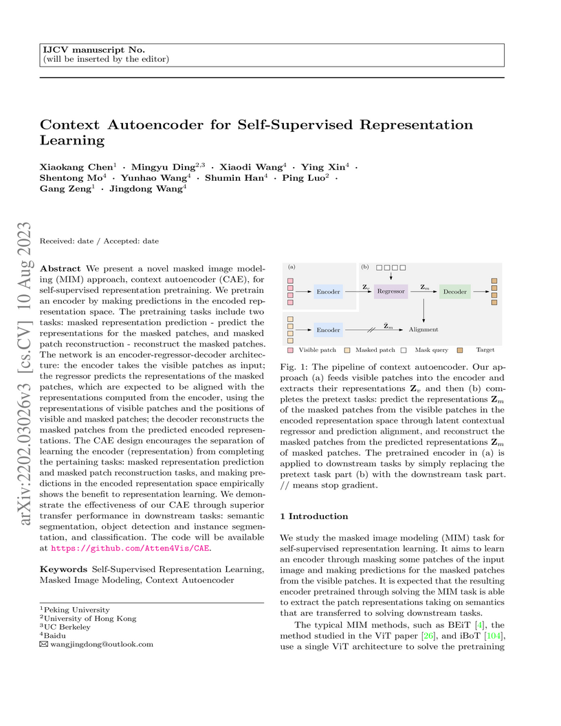 Context Autoencoder for Self-Supervised Representation Learning | alphaXiv