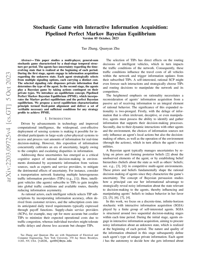 Stochastic Game with Interactive Information Acquisition: Pipelined ...