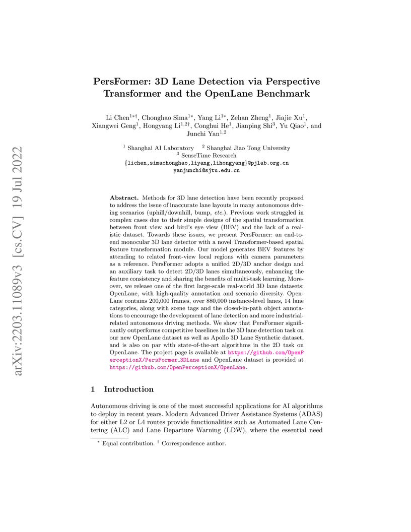 PersFormer: 3D Lane Detection via Perspective Transformer and the OpenLane Benchmark | alphaXiv