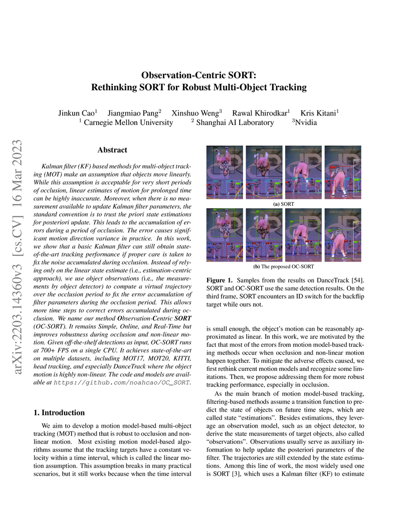 Observation-Centric SORT: Rethinking SORT for Robust Multi-Object Tracking | alphaXiv