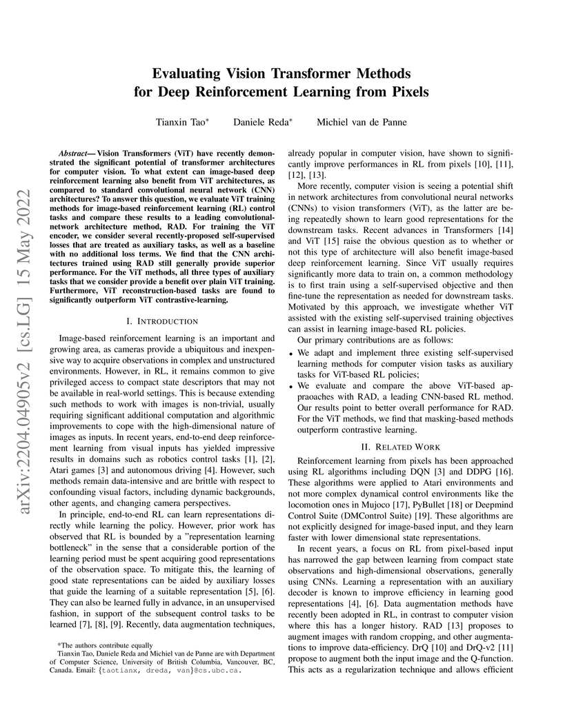 Evaluating Vision Transformer Methods for Deep Reinforcement Learning from Pixels | alphaXiv