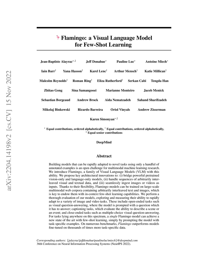 Flamingo: a Visual Language Model for Few-Shot Learning | alphaXiv